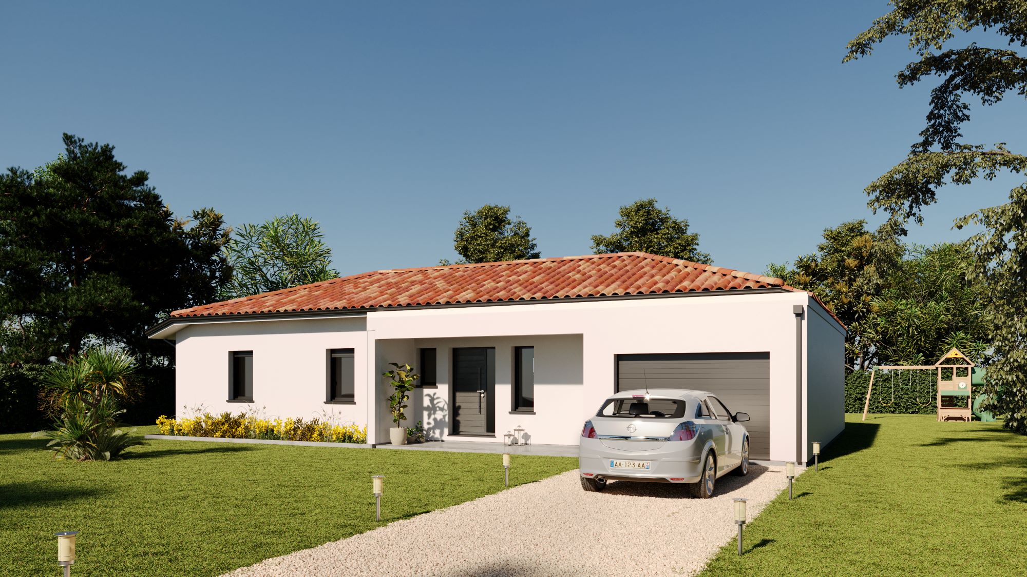 Plan de maison plain-pied en U : une maison familiale avec du caractère